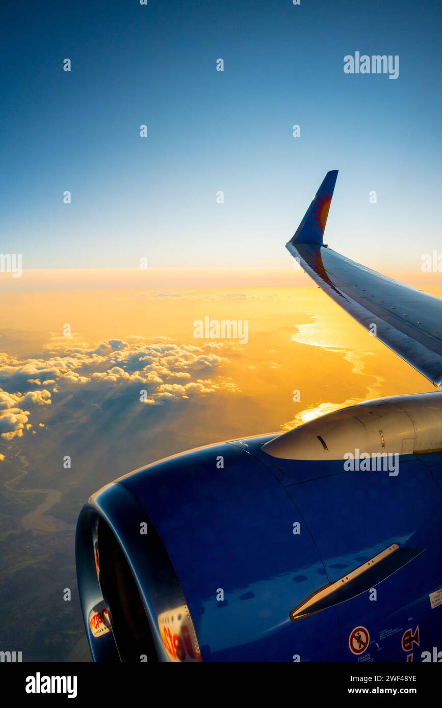 Jet2 Boeing 737-800 passenger jet wing and CFM56-7B engine in-flight ...