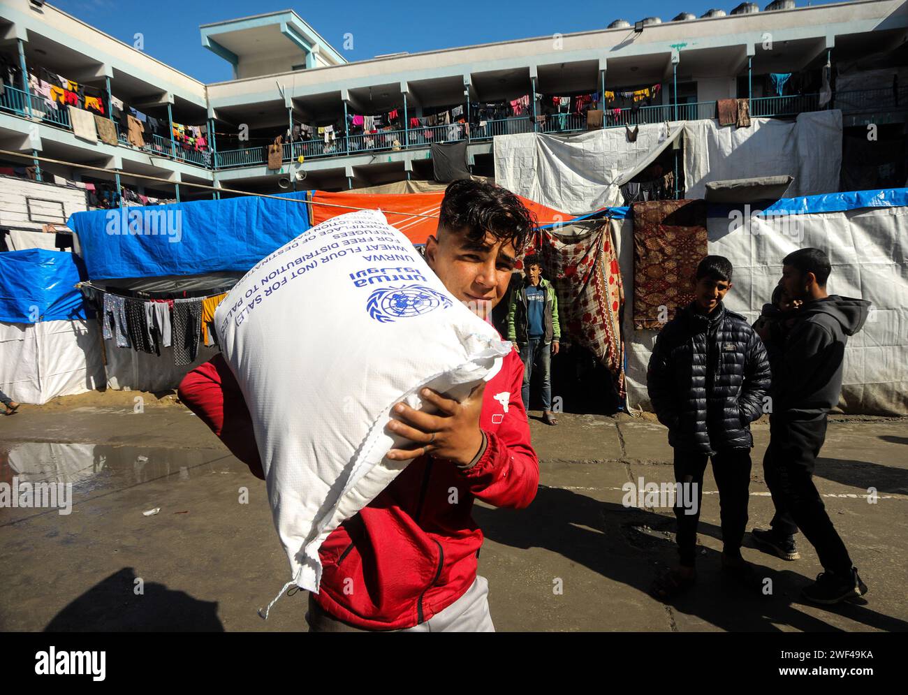 Displaced Palestinians receive flour bags at the United Nations Relief ...