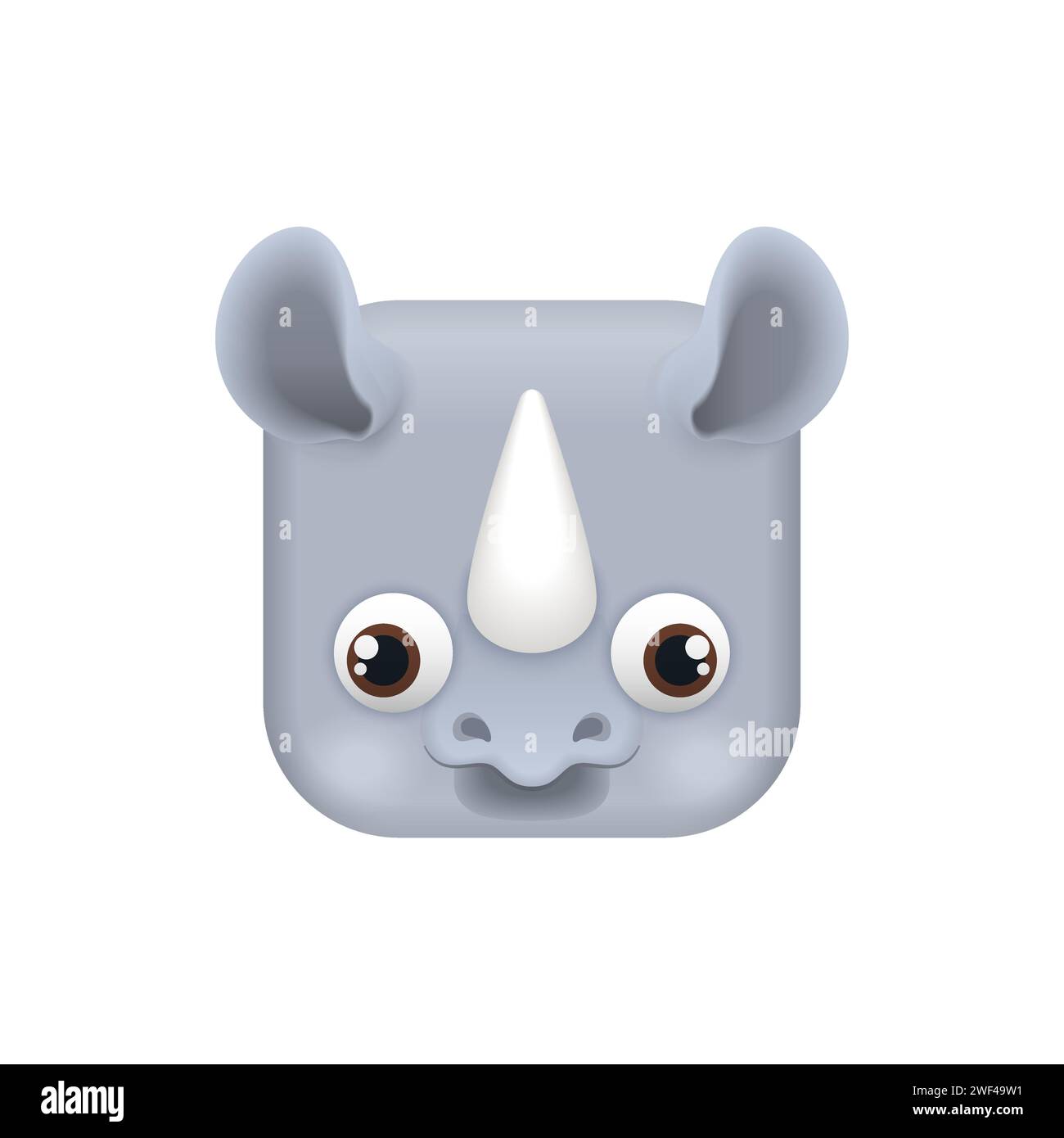 Cute rhino face with horn, animal head in square shape button vector ...