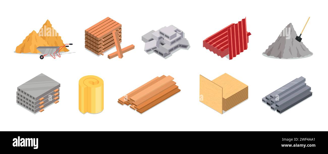 House materials. Building site. Brick blocks. Wood board and timber ...