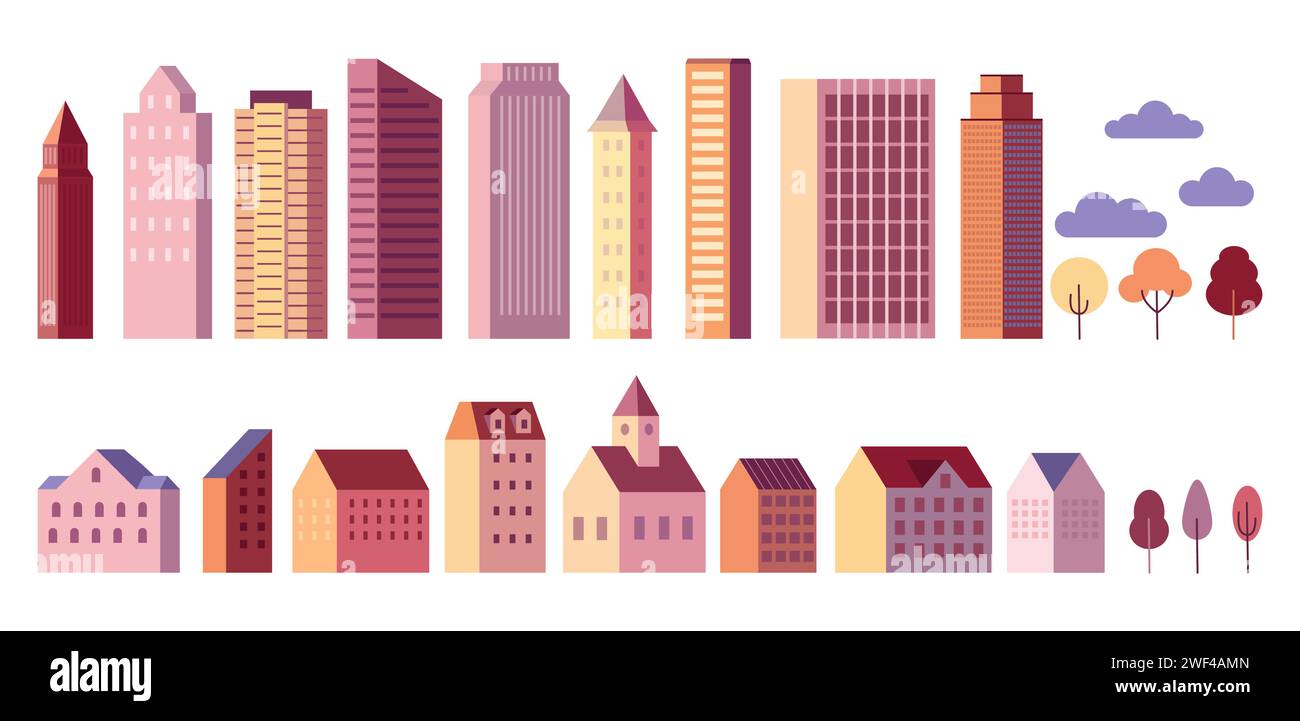 City buildings. Town tree landscape or cityscape with modern home and ...