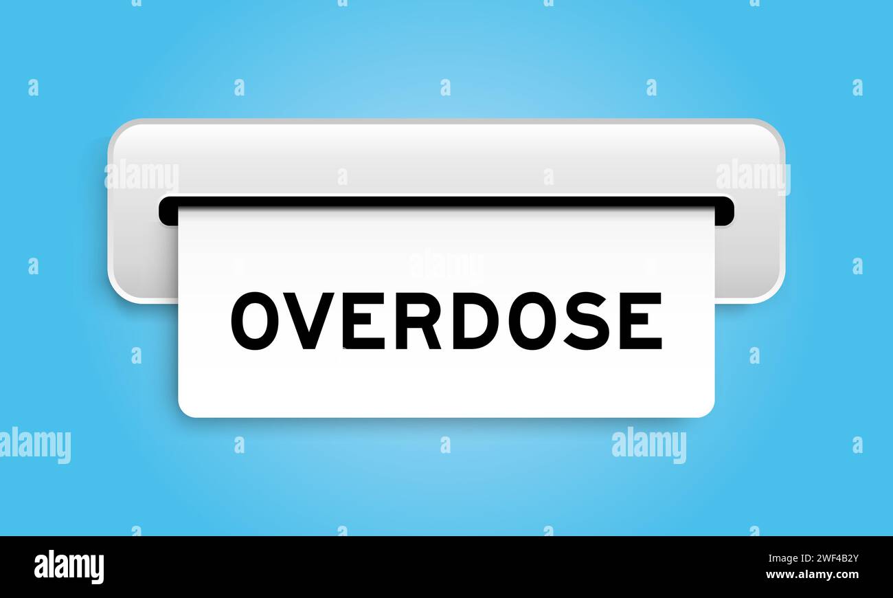 White coupon banner with word overdose from machine on blue color ...