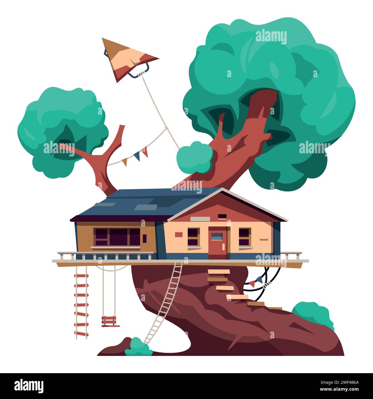 Children tree house. Kids playing construction. Cabin with rope or ...