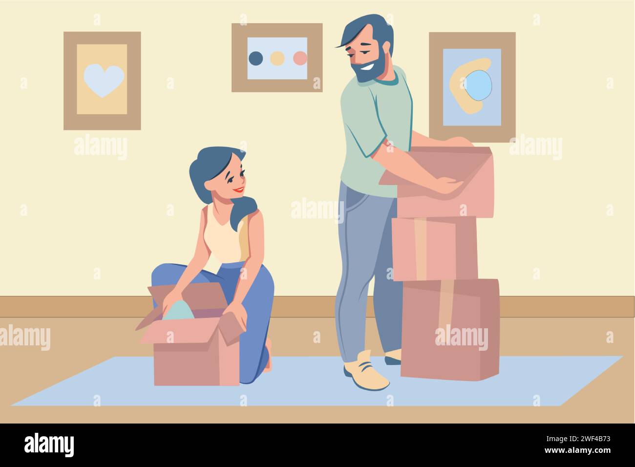 Moving boxes. Family relocation. Man and woman packing stuff into ...