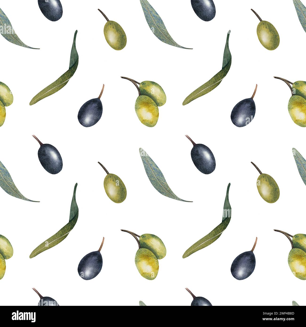 Seamless pattern with hand drawn watercolor olive tree leaves, branch ...