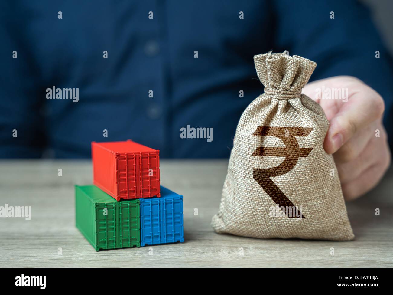 Shipping containers and indian rupee money bag. Economic growth ...