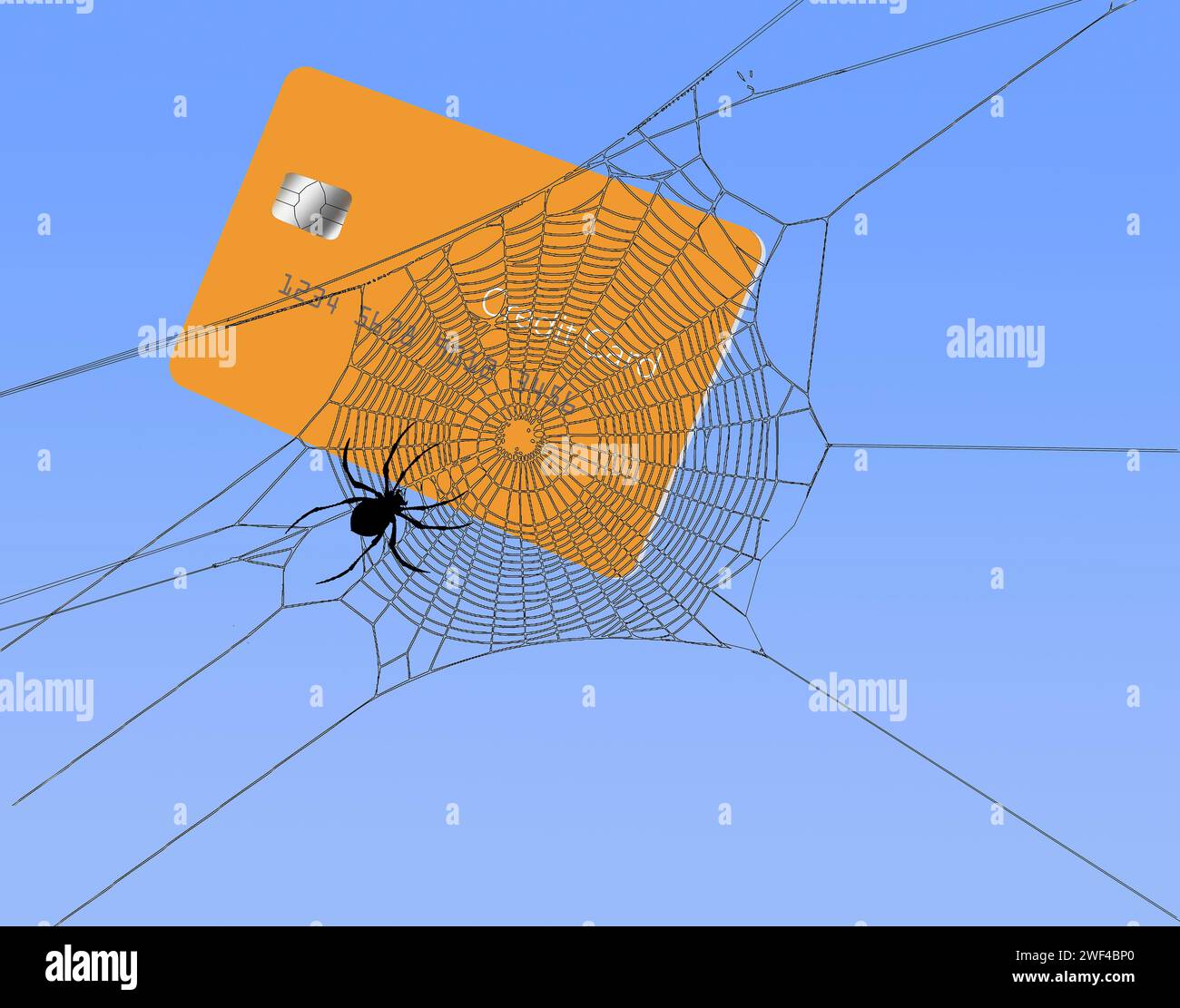 A spider’s web captures a generic credit card in a 3-d illustration ...