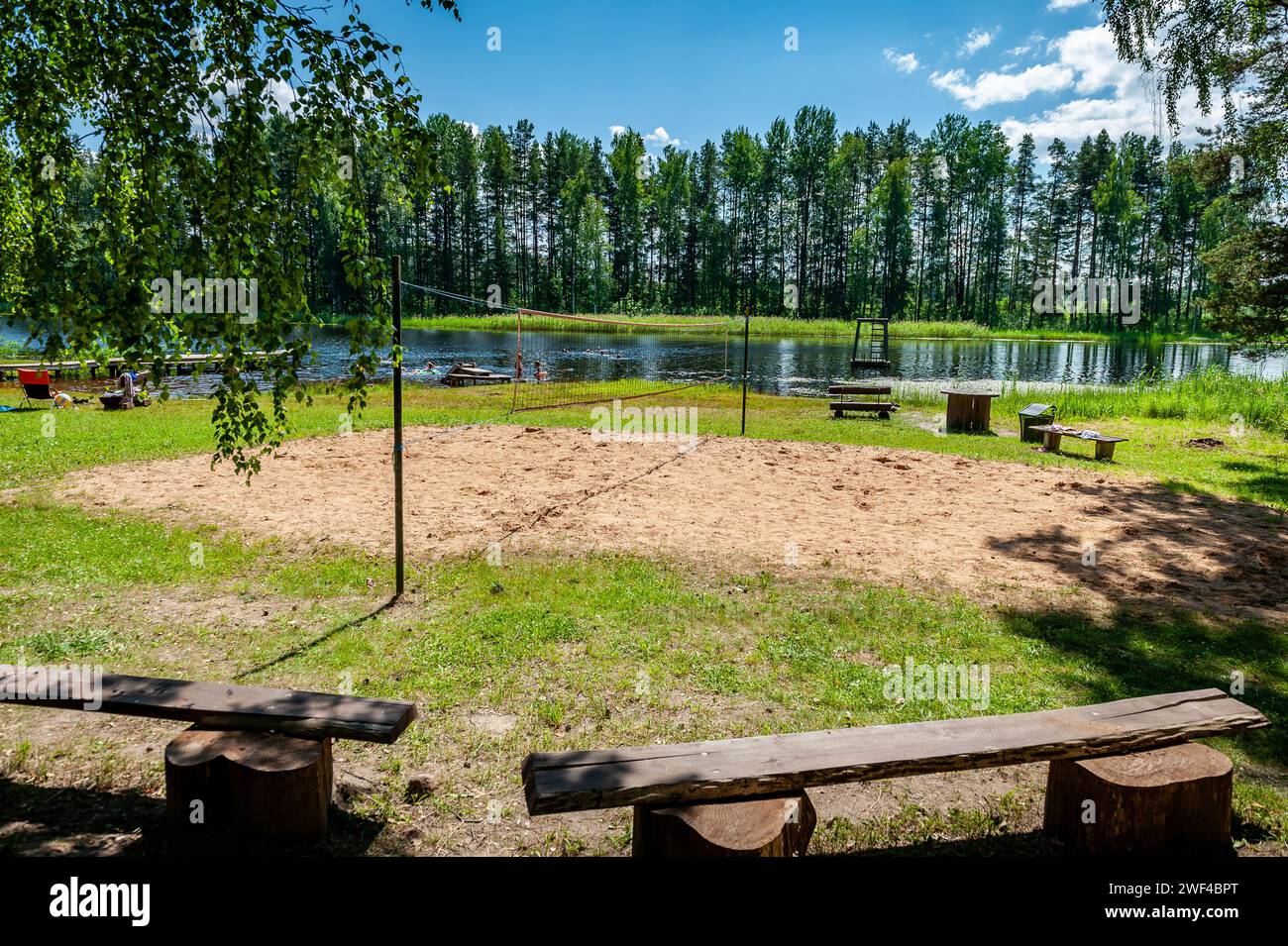 Outdoor volleyball court with sands in a beautiful day. Public ...