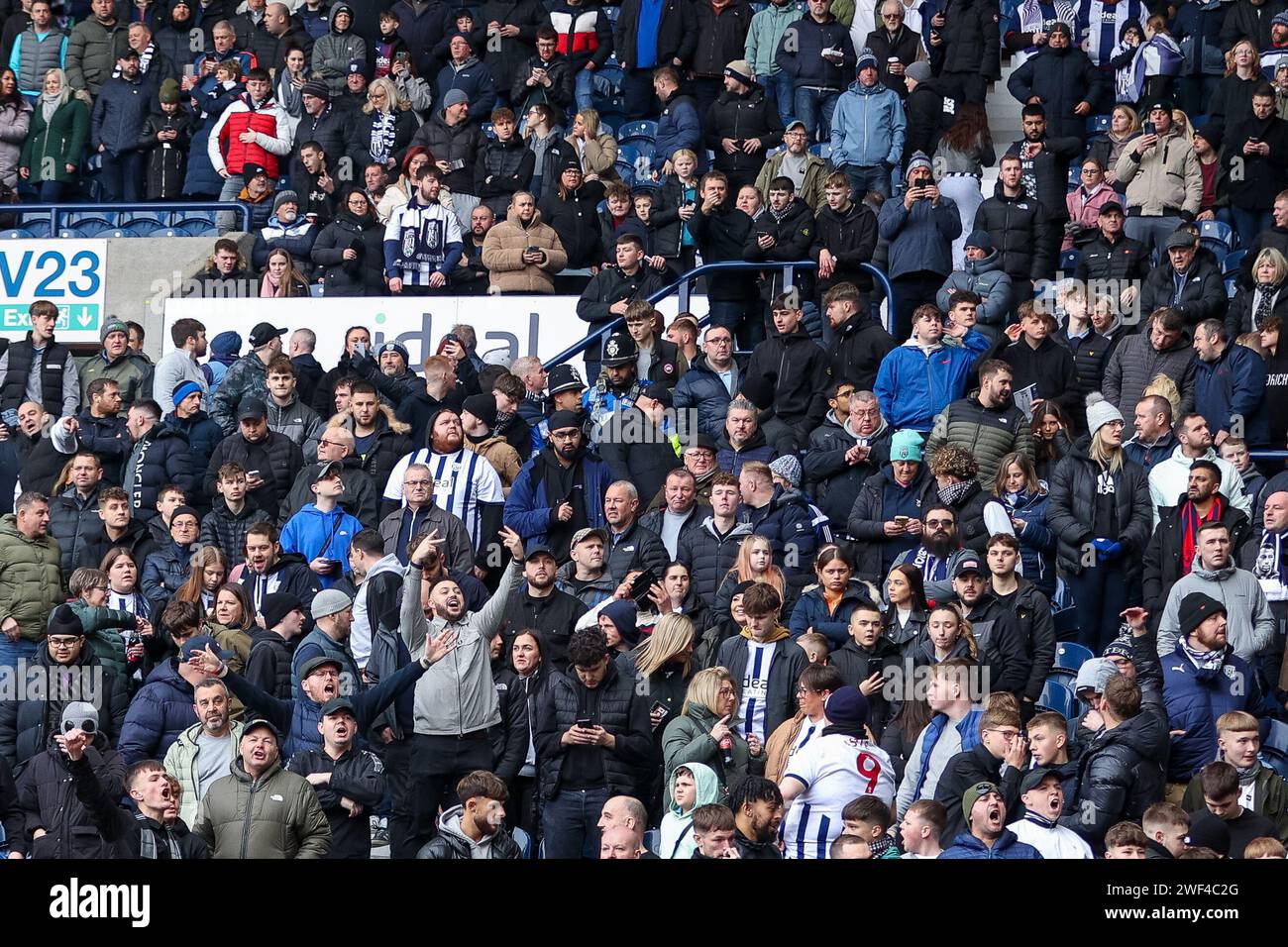 West Bromwich, UK. 28th Jan, 2024. West Bromwich Albion fans engage in ...