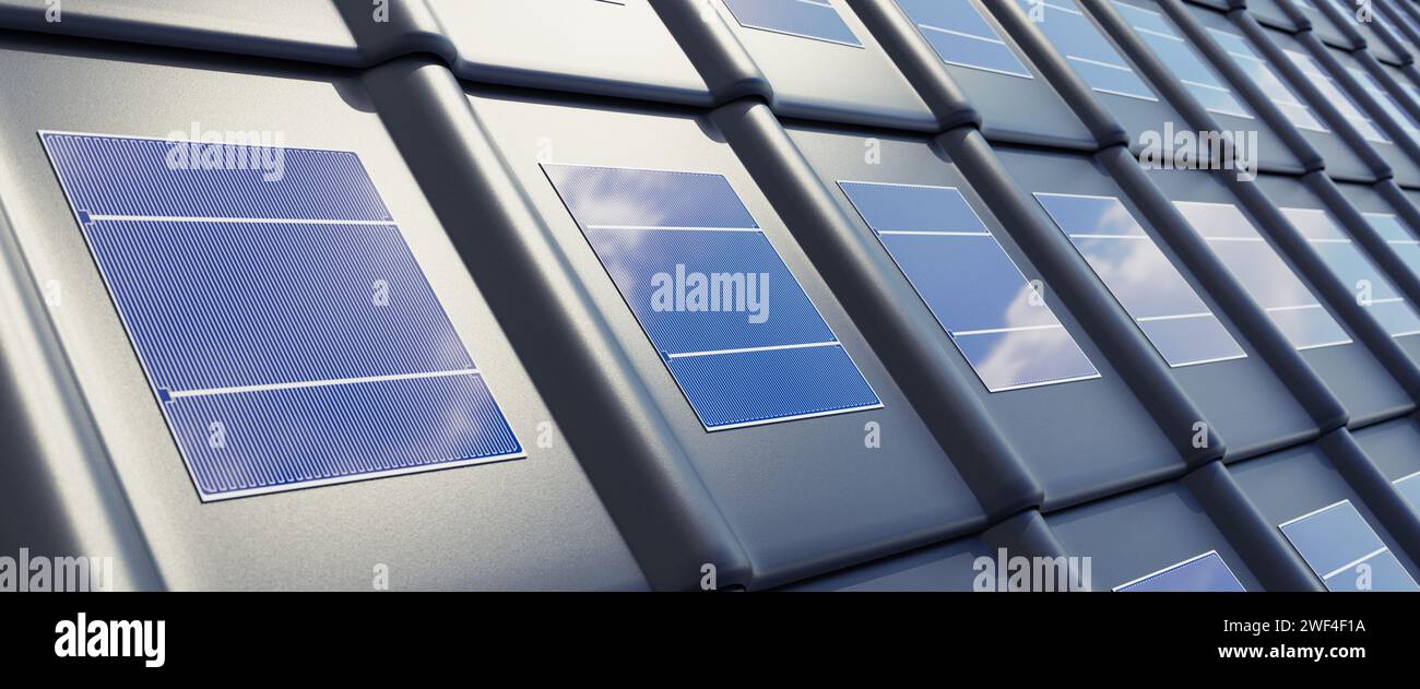 Solar panels embedded into roof tiles. Solar roof tiles. Selective ...