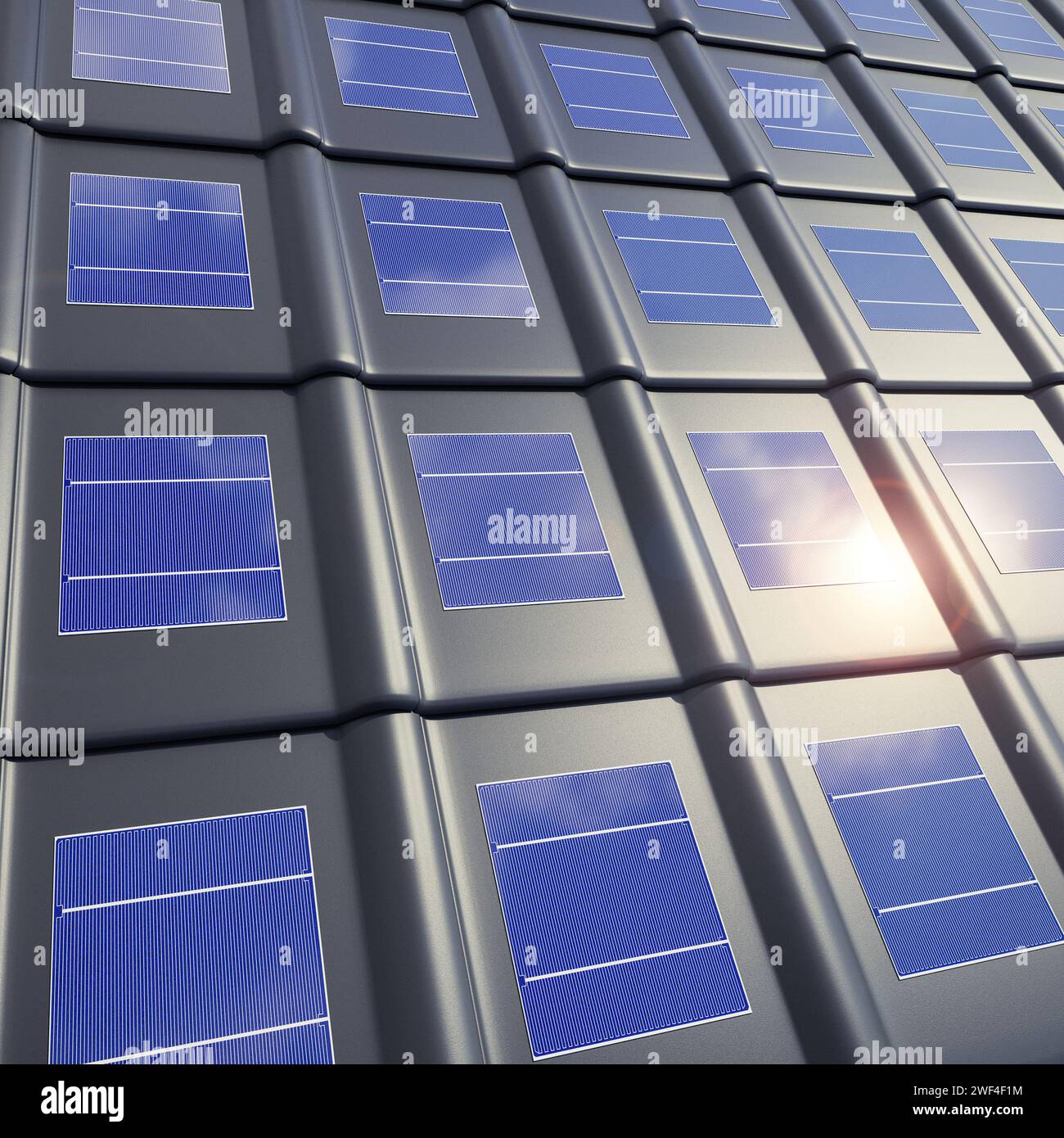 Solar panels embedded into roof tiles. Solar roof tiles. Selective ...