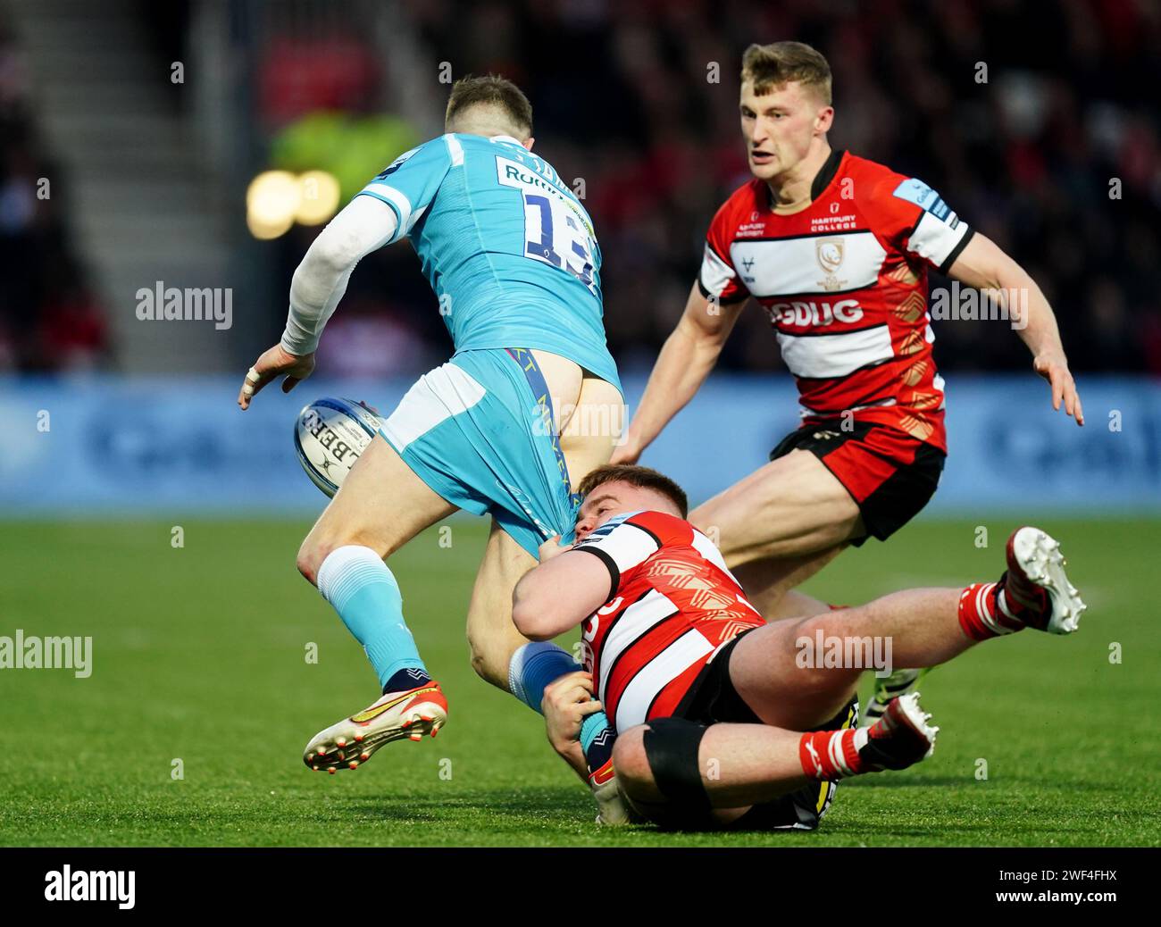 EDITORS NOTE NUDITY Sale Sharks' Sam James (left) is tackled by ...