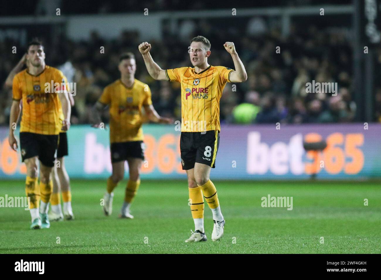 Newport, UK. 28th Jan, 2024. Newport County midfielder Bryn Morris (8) scores a GOAL 1-2 and ...