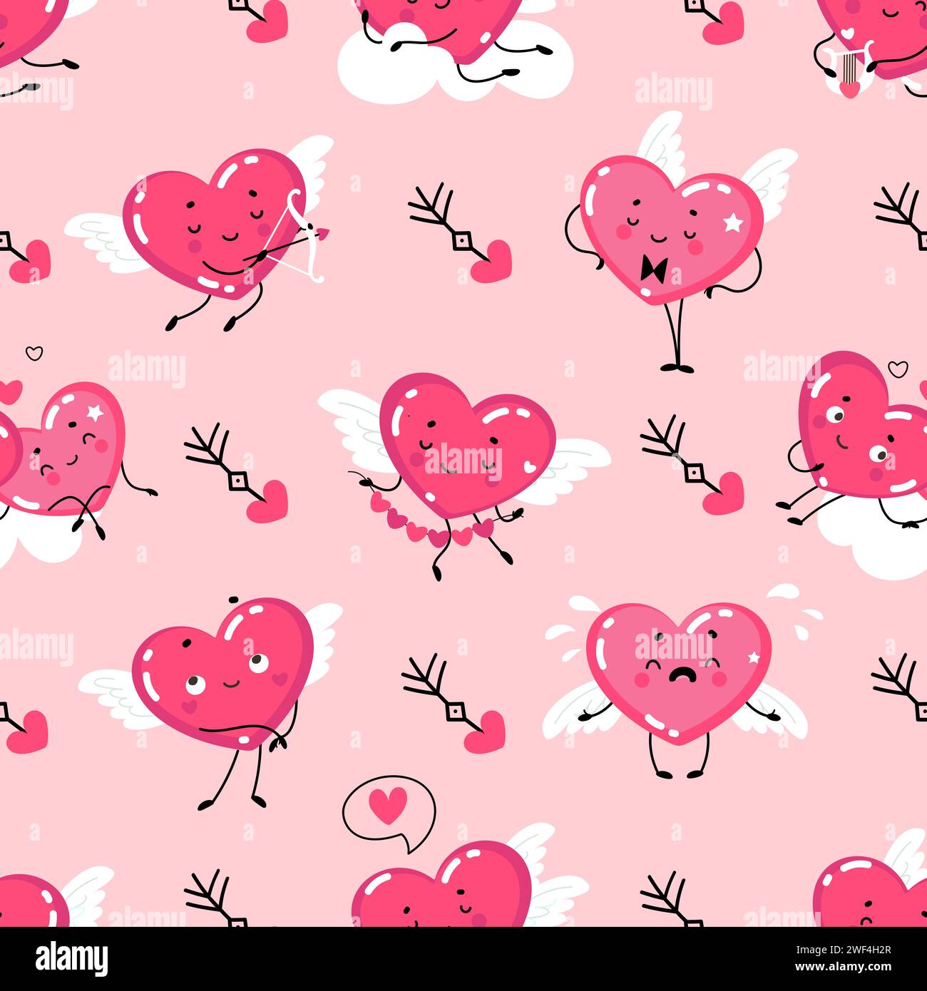 Funny hearts seamless pattern. Cute heart different emotions, cartoon ...