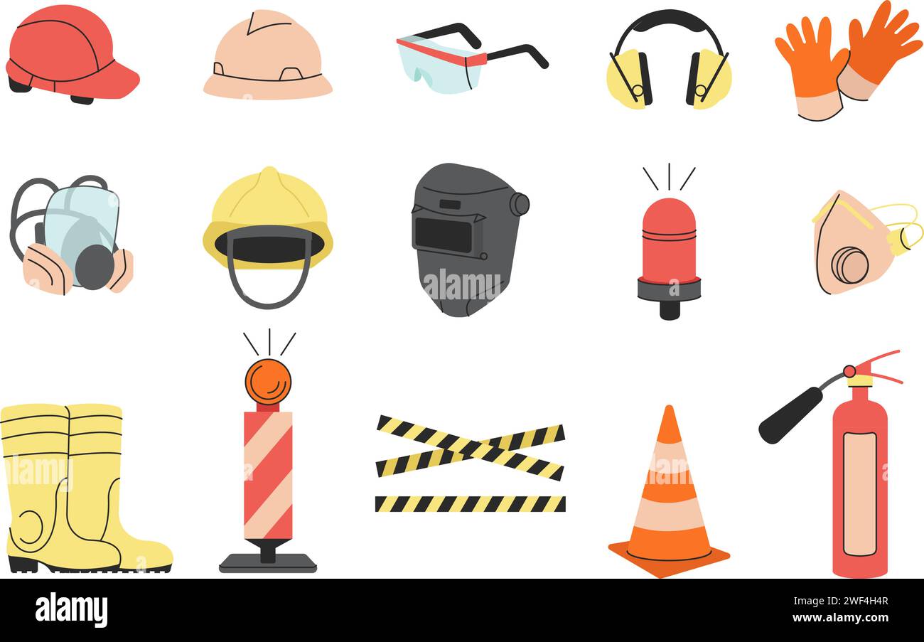 Flat safety equipment. Security and work warning symbols. Personal ...
