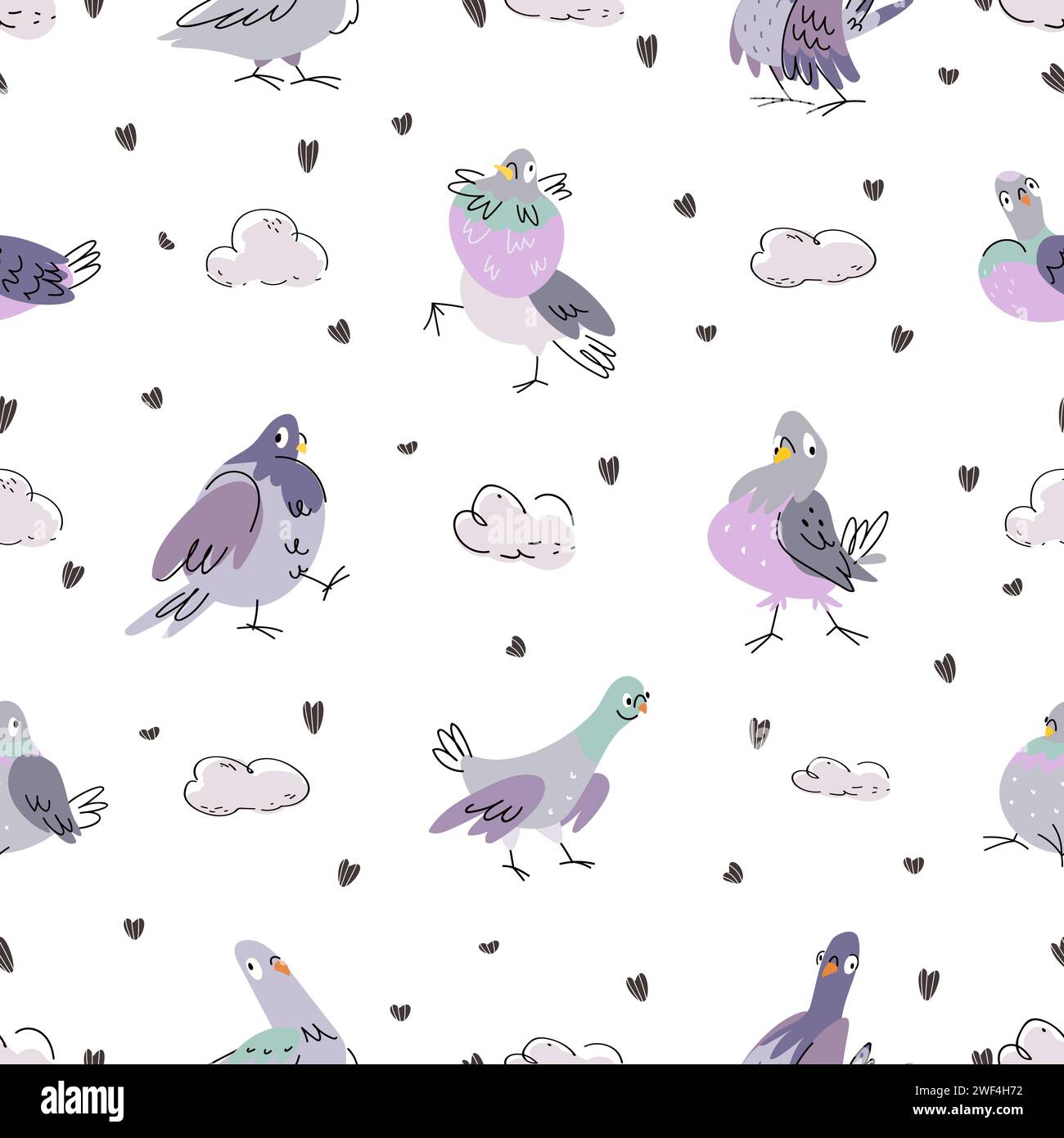 Cartoon pigeon seamless pattern. Pigeons various emotions, isolated ...