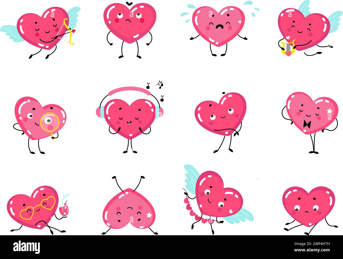 Cute cartoon hearts characters. Valentines day symbols, romantic heart in different poses and ...