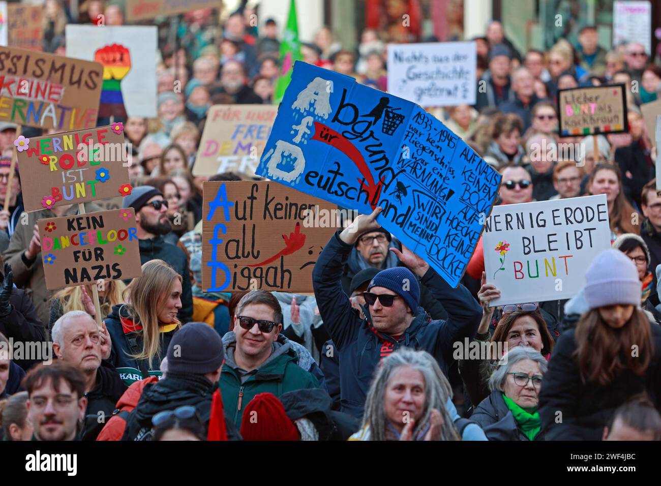 Wernigerode, Germany. 28th Jan, 2024. Protest posters are held up in ...