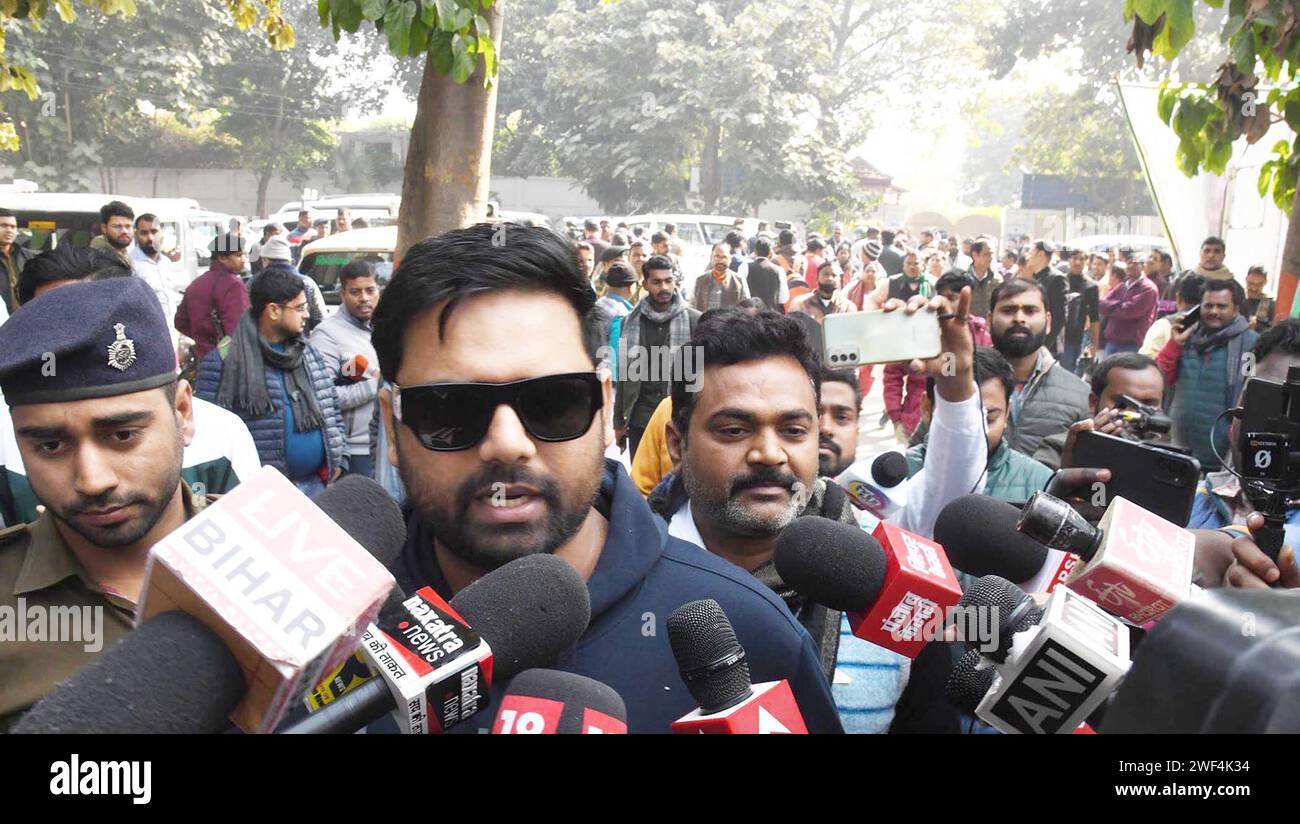 Patna, India. 28th Jan, 2024. PATNA, INDIA - JANUARY 27: RJD MLA Chetan Anand arrives at the ...