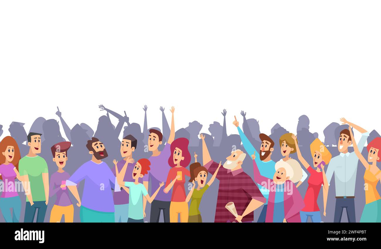 Happy crowd. People male and female standing together top pointing ...