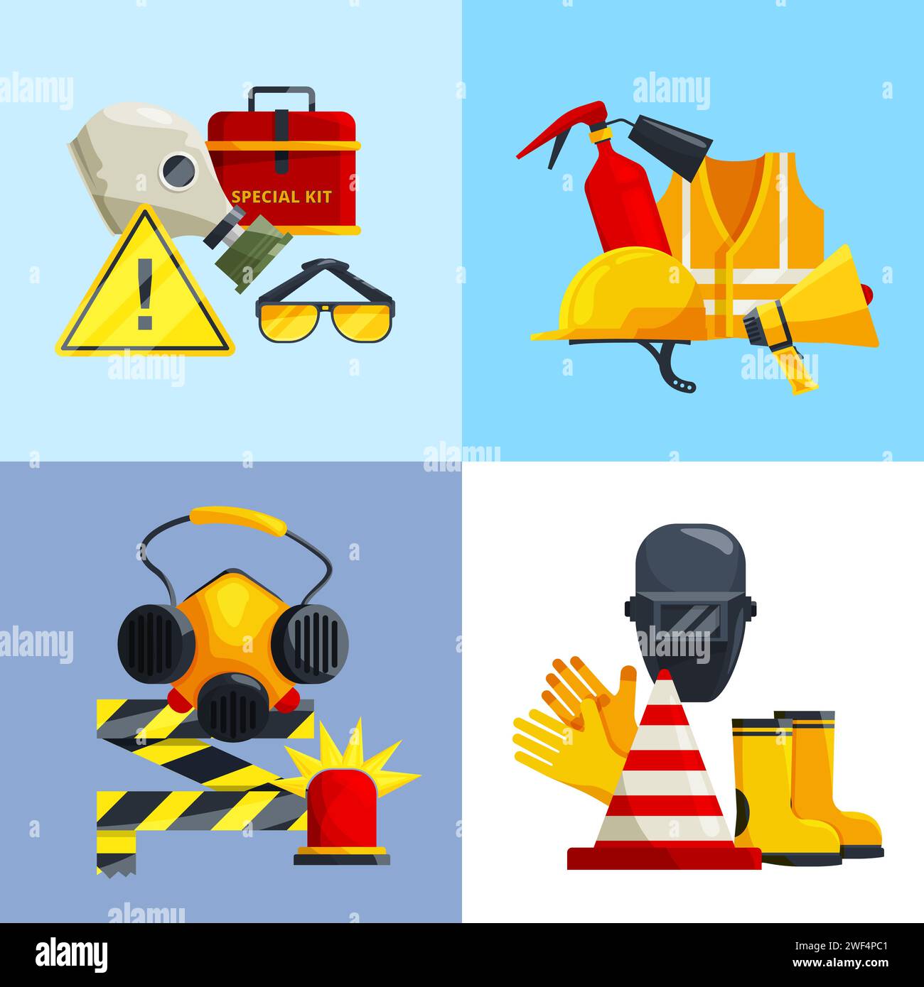 Safety equipment helmets rubber boots gas mask vector cartoon set Stock ...
