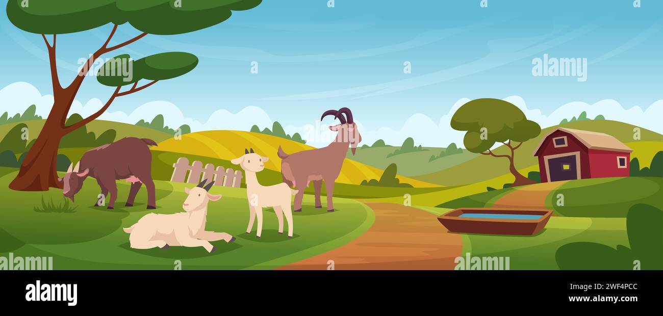 Farm animals. Goats standing and walking on farm background outdoor ...