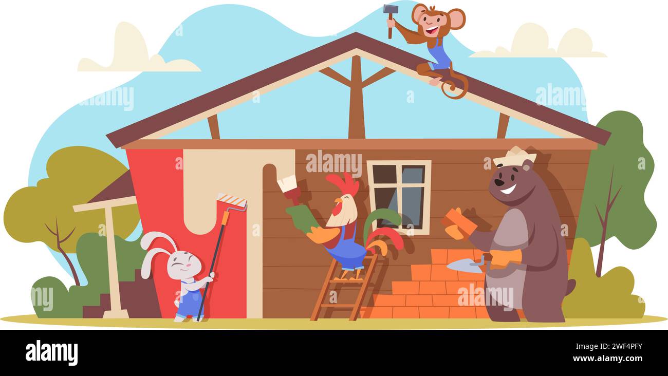 Builders working. Funny cartoon animal making buildings exact vector ...