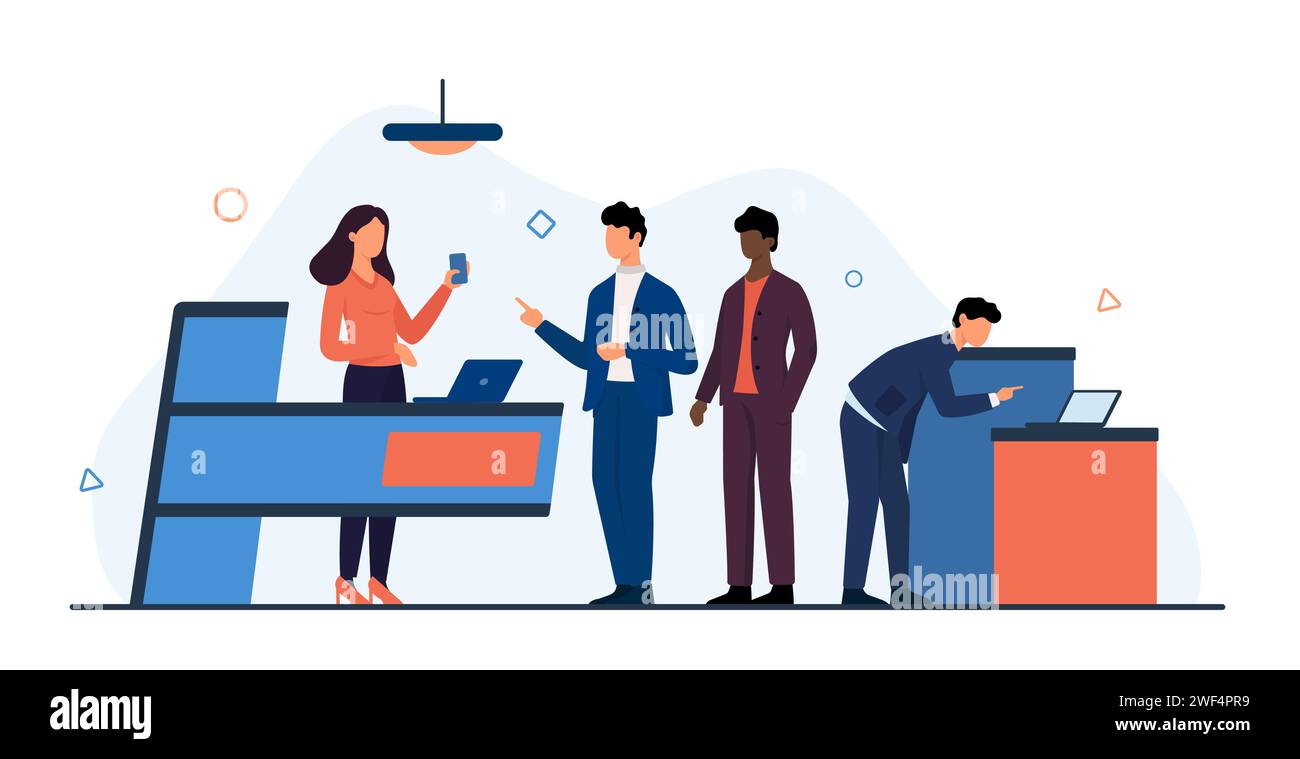 Business exhibition event with expo workers show demo products to ...