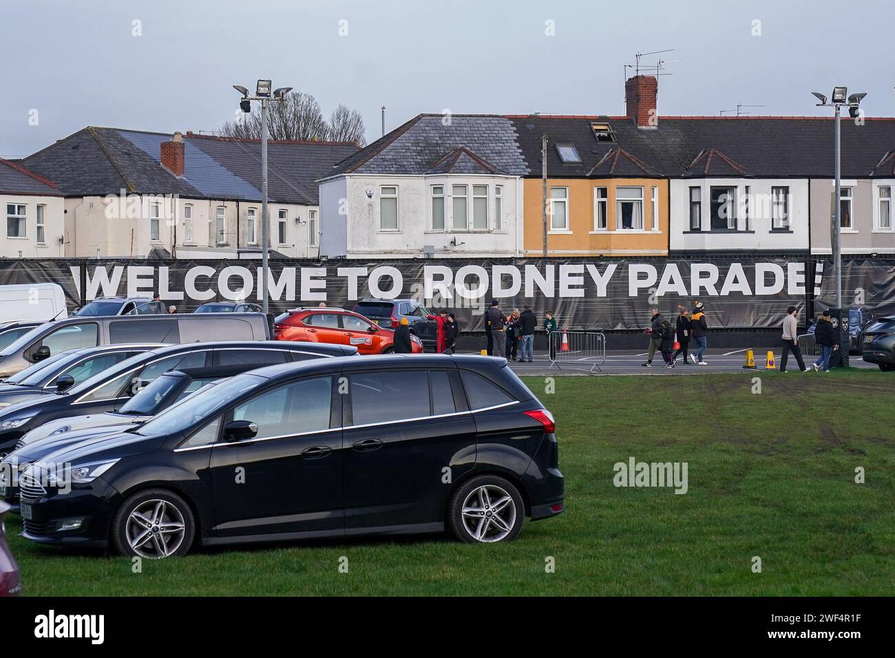 Newport, UK. 28th Jan, 2024. Welcome to Rodney Parade sign in the car ...