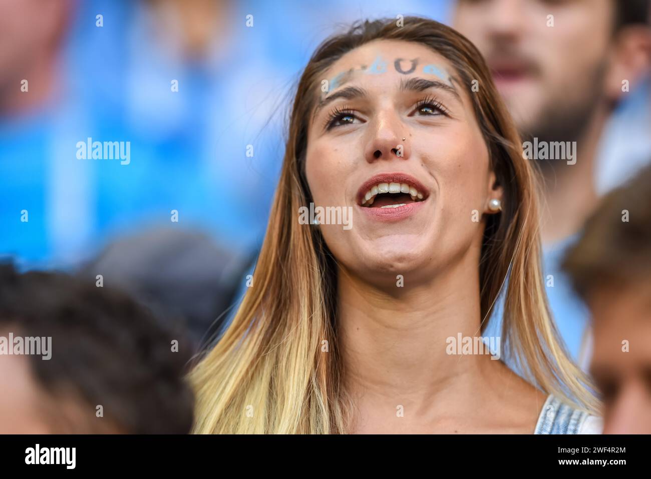 Samara, Russia – June 25, 2018. Beautiful lady fan from Uruguay during ...