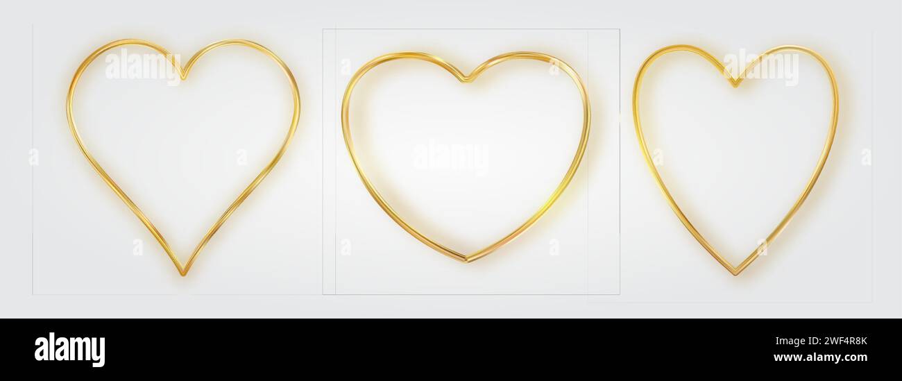 Thin gold heart frame set. Golden realistic heart border. Luxury symbol ...