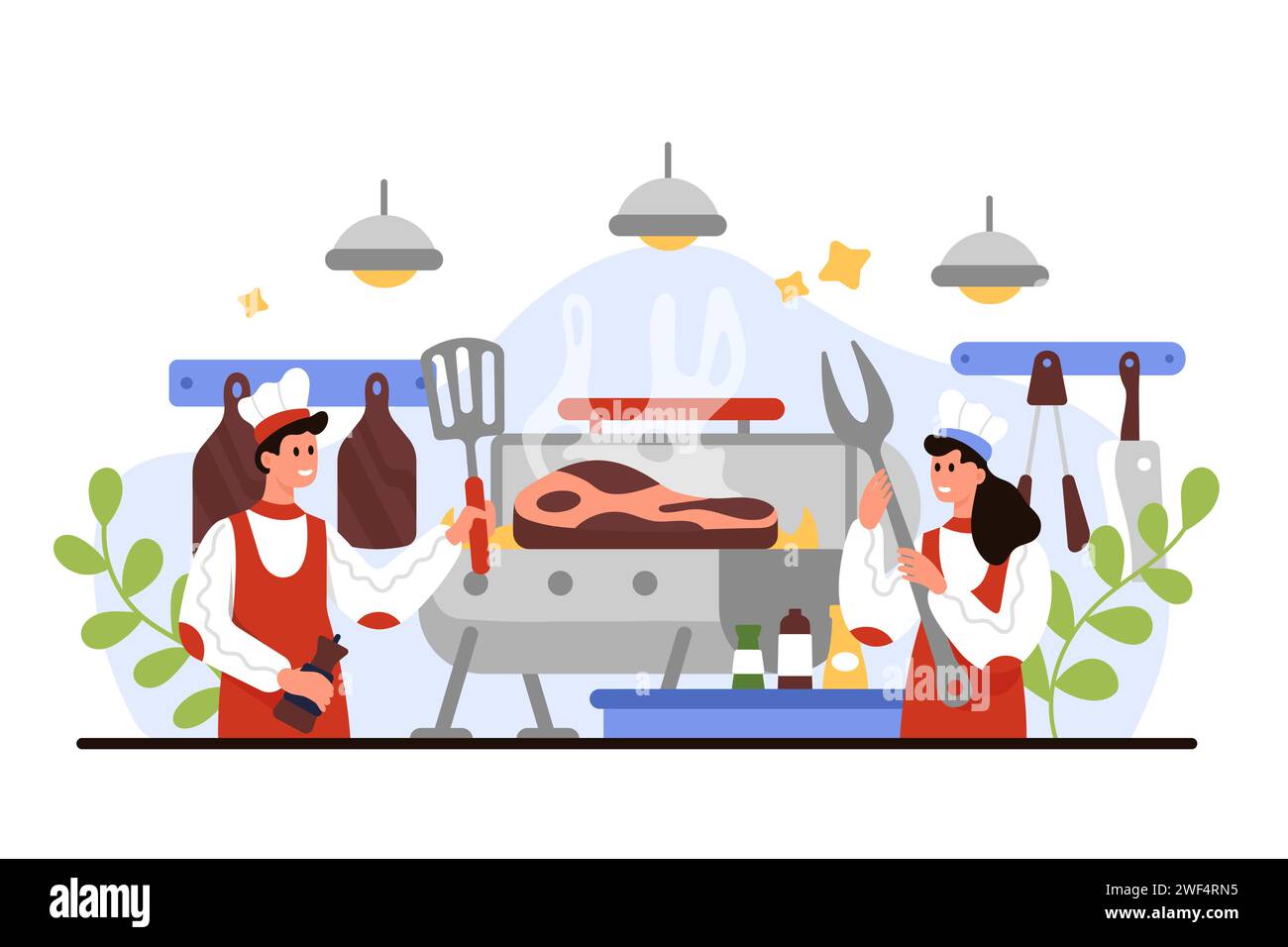 Beef steak cooking by restaurant chefs team. Tiny people in hats and ...