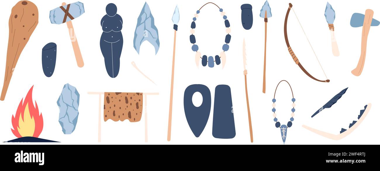 Primitive culture tools, stone ages flat elements. Caveman tool, hunter ...