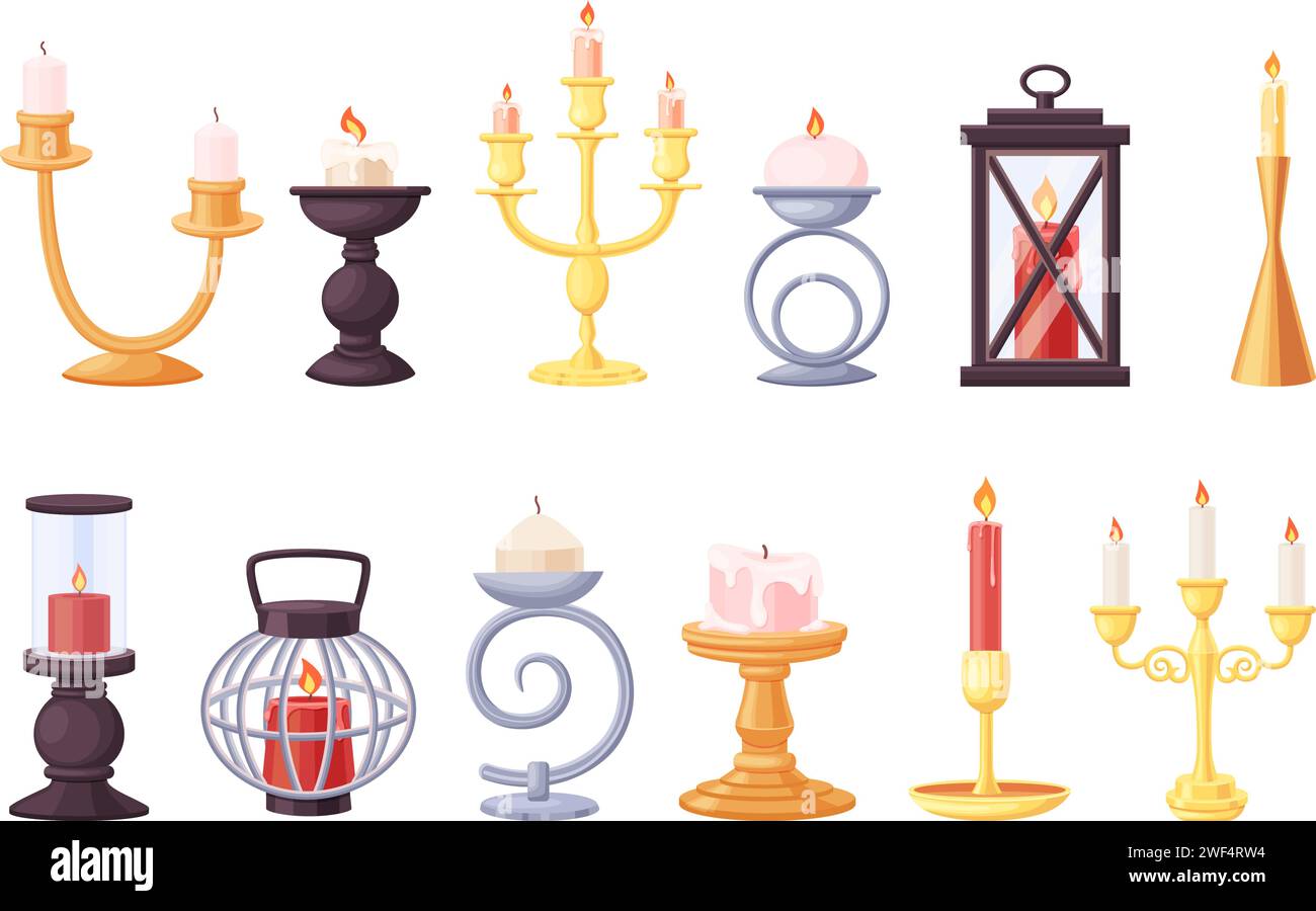 Cartoon candlestick set. Candle holders with burning candles. Modern ...