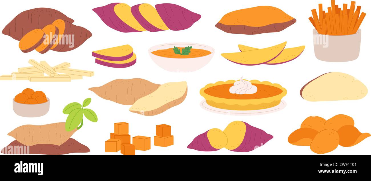 Cartoon sweet potato and raw batata. Potatoes meals, pie and mash ...
