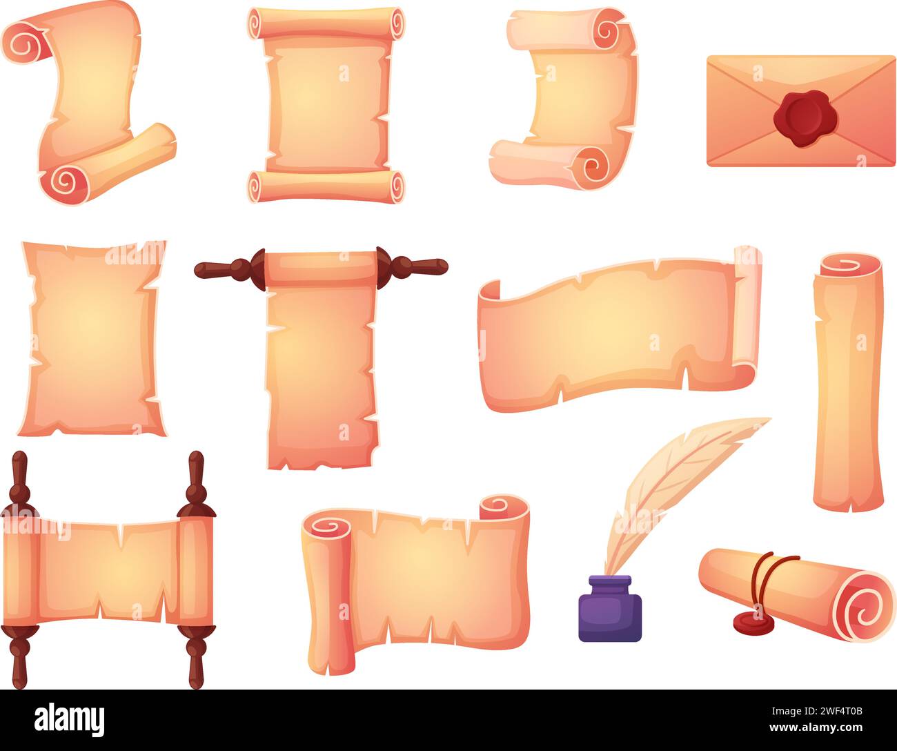 Vintage scroll papyrus on wood rods. Ancient envelopes with wax seal ...