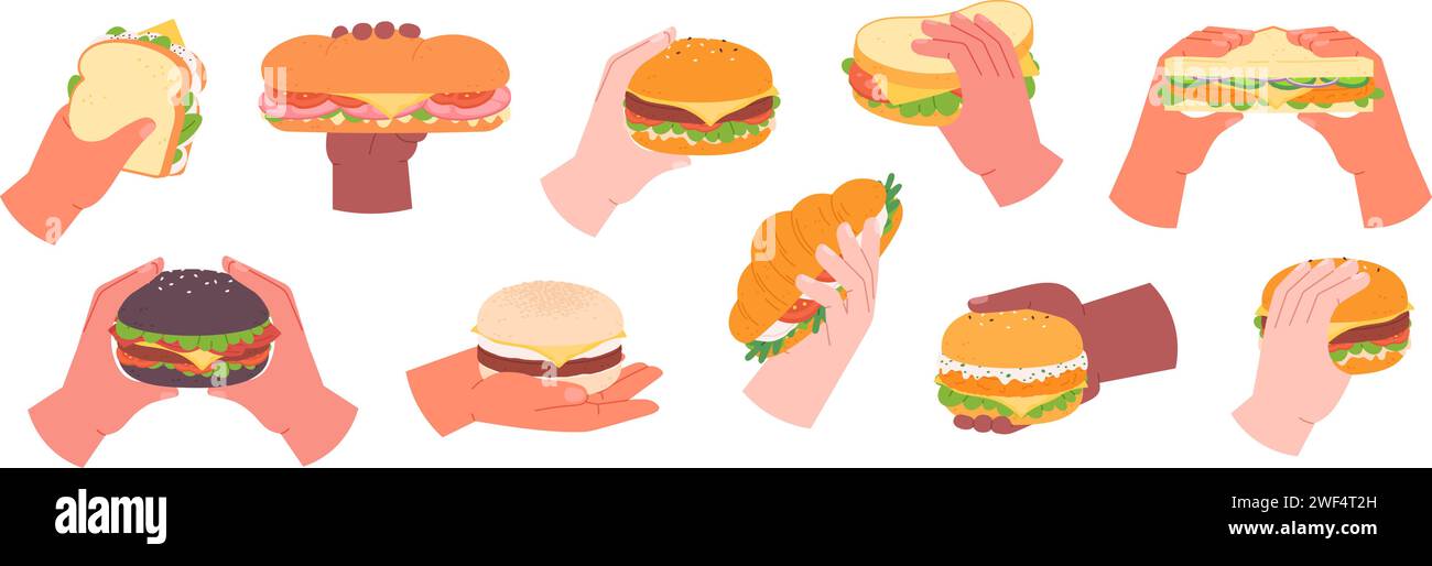 Hands holding burgers and tasty sandwiches. Isolated fast food eaters, hand with take away ...
