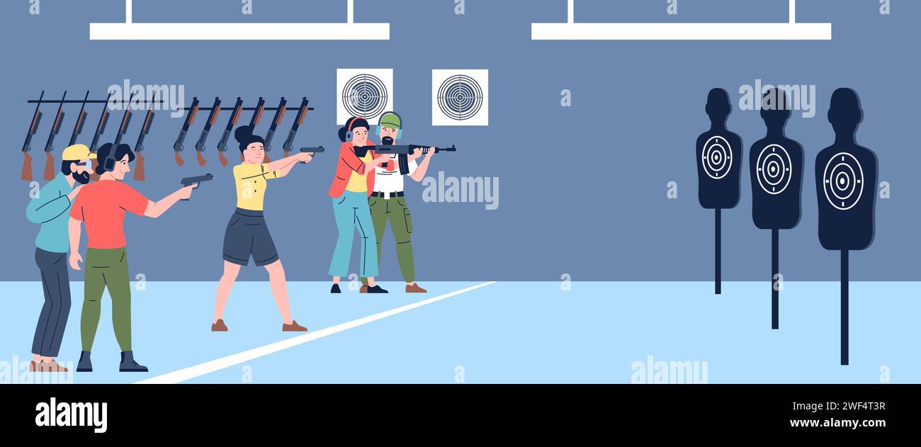 Shooting training in range. People shoot with weapon on special study ...