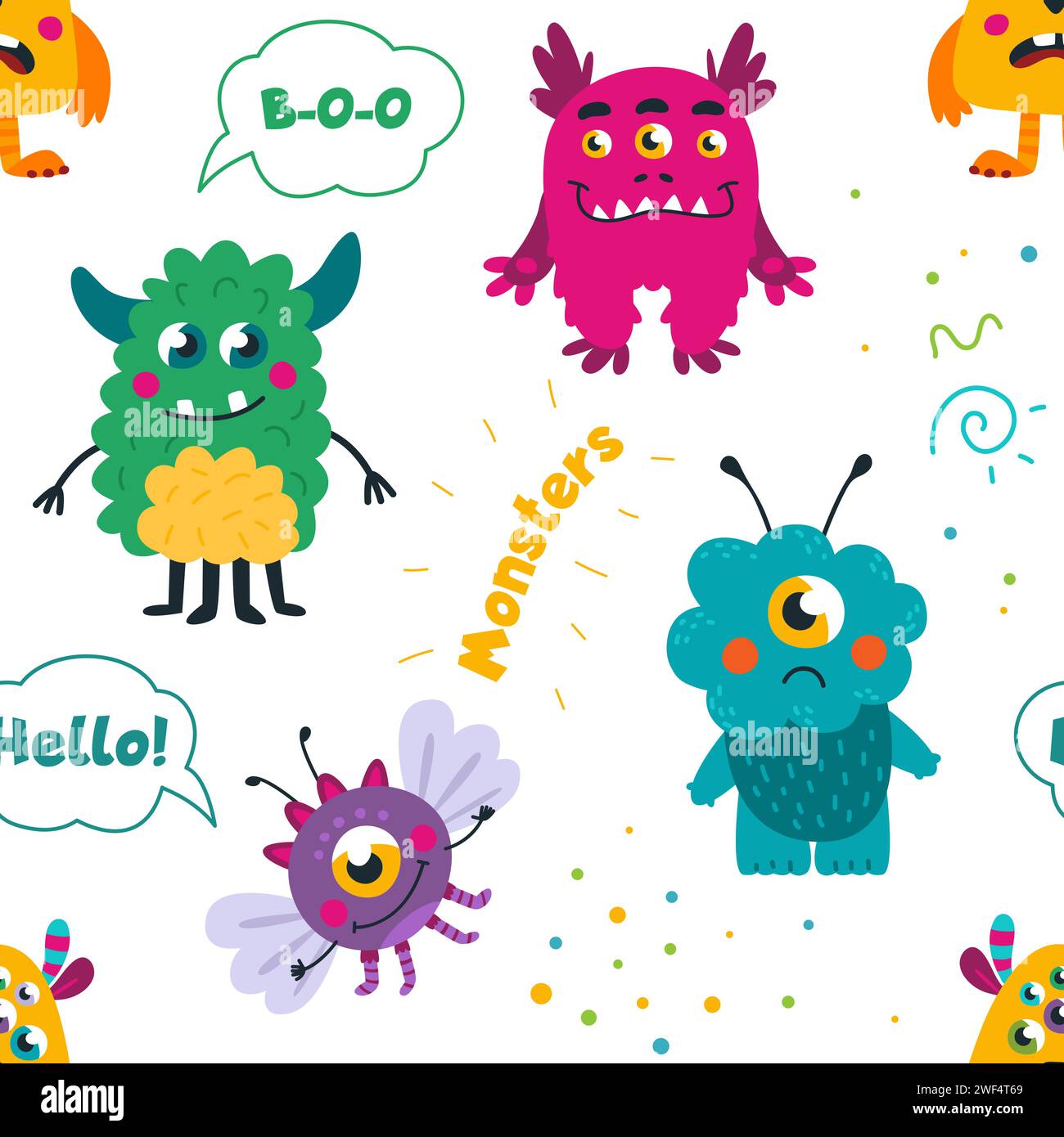 Monsters seamless pattern. Funny childish monster, cyclop or alien ...
