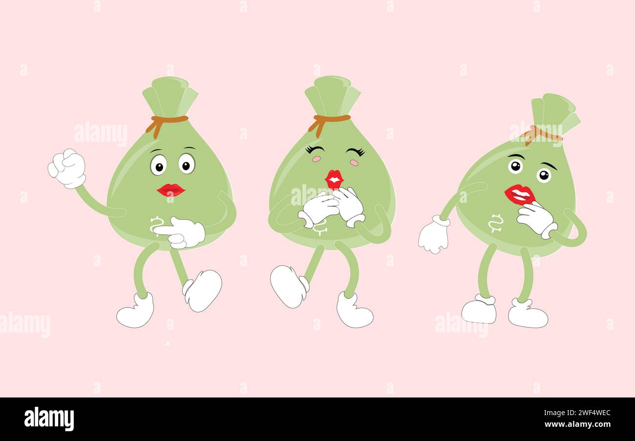 Money bag funny cartoon illustration. Money bag set mascot of 70s ...