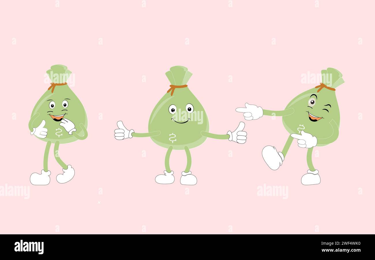 Money bag funny cartoon illustration. Money bag set mascot of 70s ...