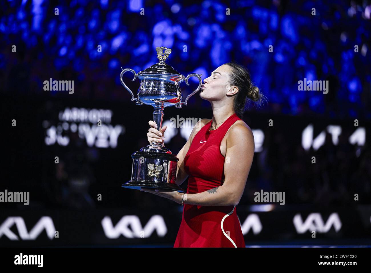 Aryna Sabalenka with the trophy during the Australian Open AO 2024 women's final Grand Slam ...