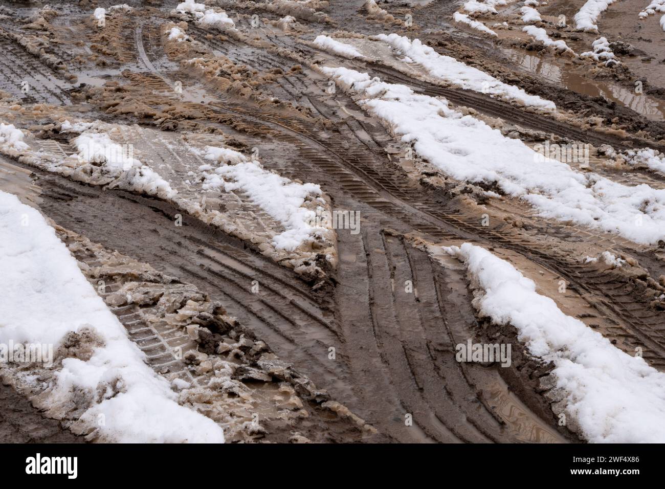 Patterns of car tire tracks weaving through the muddy, snow-laden road ...