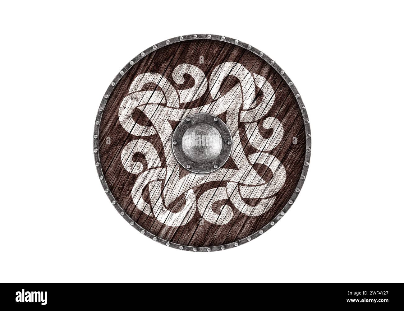 Old decorated wooden round shield isolated on white background Stock ...