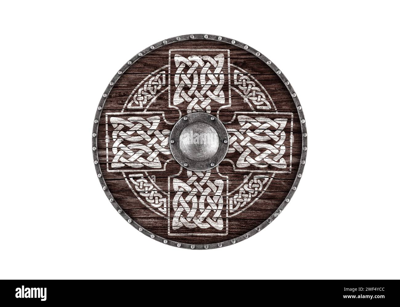 Old decorated wooden round shield isolated on white background Stock ...