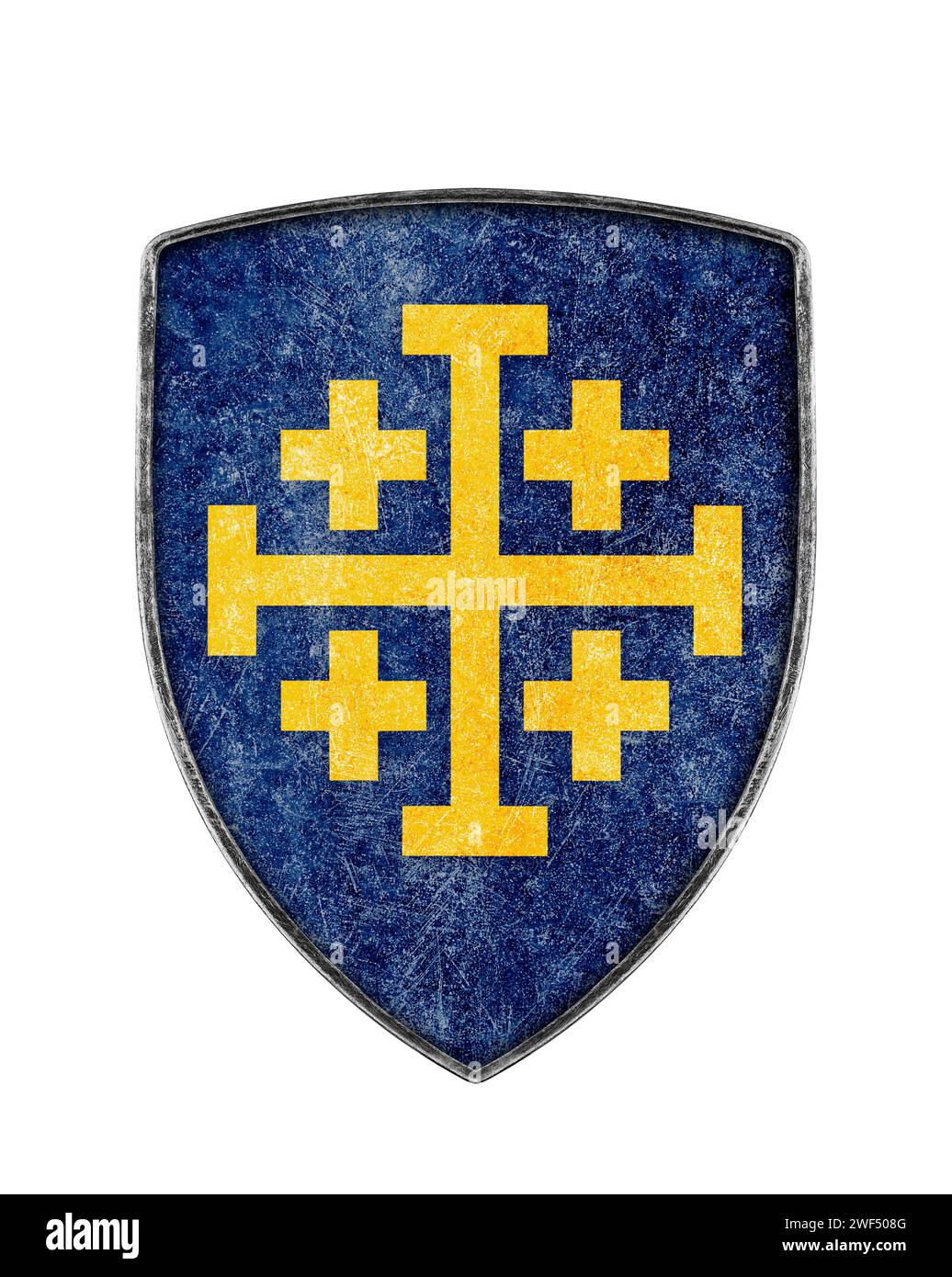 Old metal crusaders shield with cross isolated on white background ...