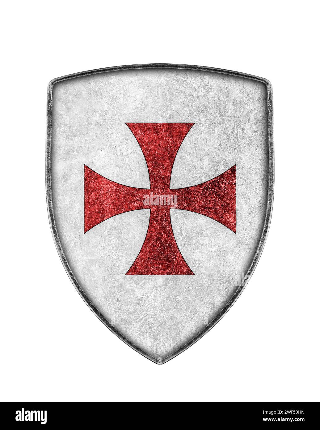 Old metal crusaders shield with cross isolated on white background ...