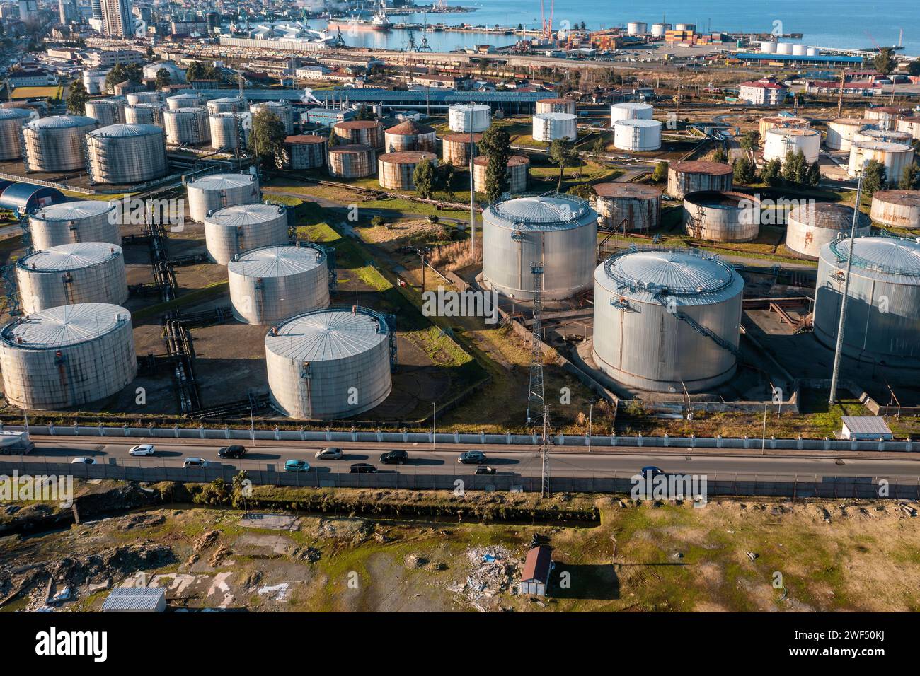 Aerial view of oil tanks at oil refinery. Gas and oil steel storage ...