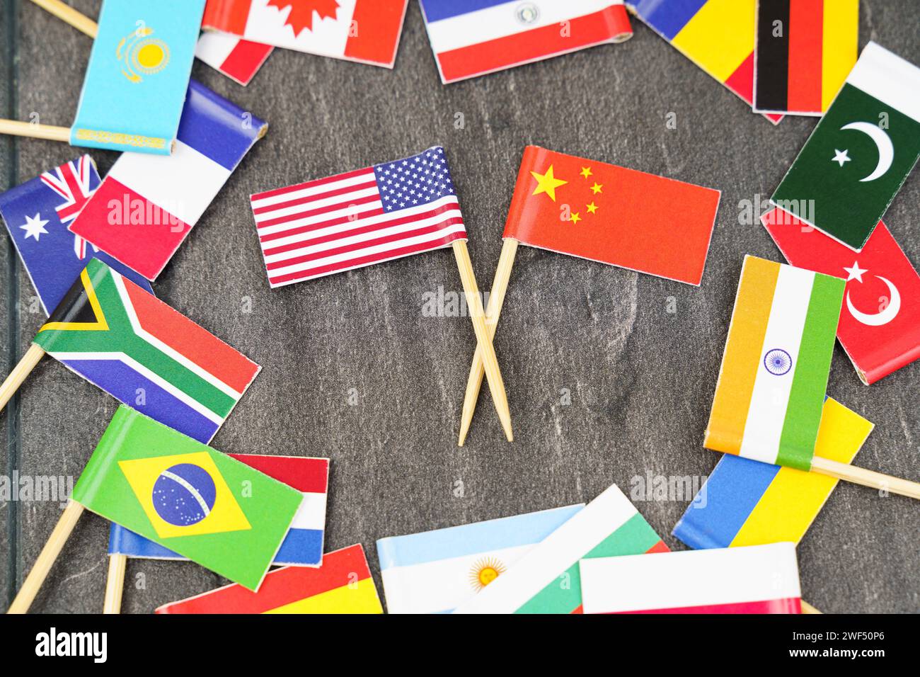 Policy. National flags of different countries. The concept is diplomacy ...