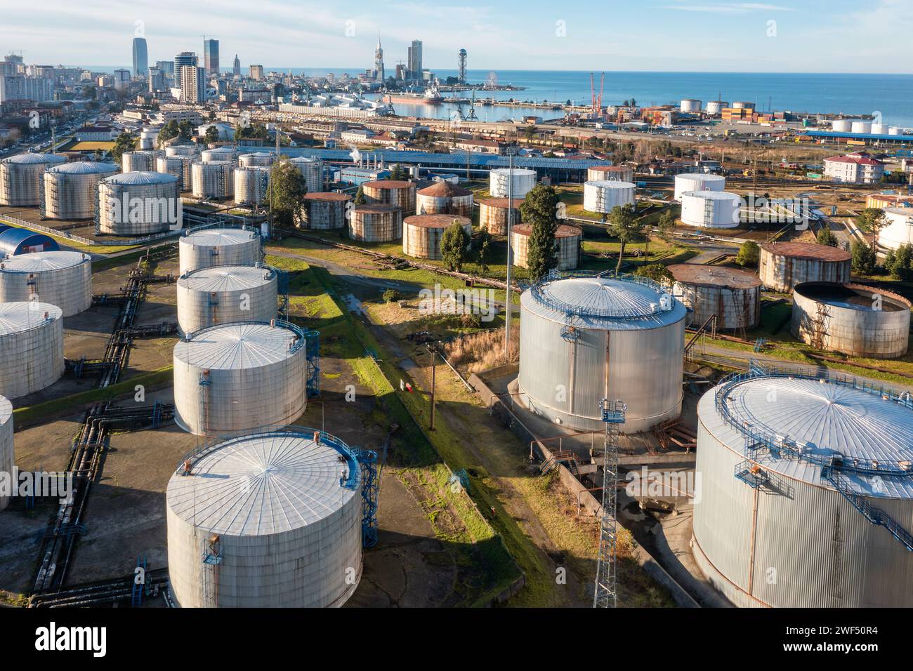 Aerial view of oil and gas terminal with steel storage tanks of oil and ...